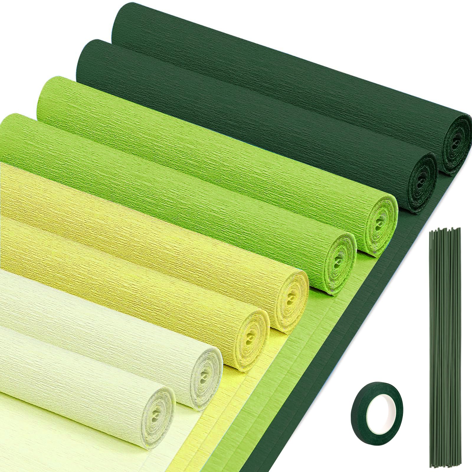 8 Rolls Crepe Paper Rolls, 10 x 98Inch 4 Colors Wide Crepe Paper Sheets with Floral Stem Wire and Green Floral Tapes for DIY Gift Wrapping Paper Crafts Birthday Wedding Holiday Paper Flower (Green)