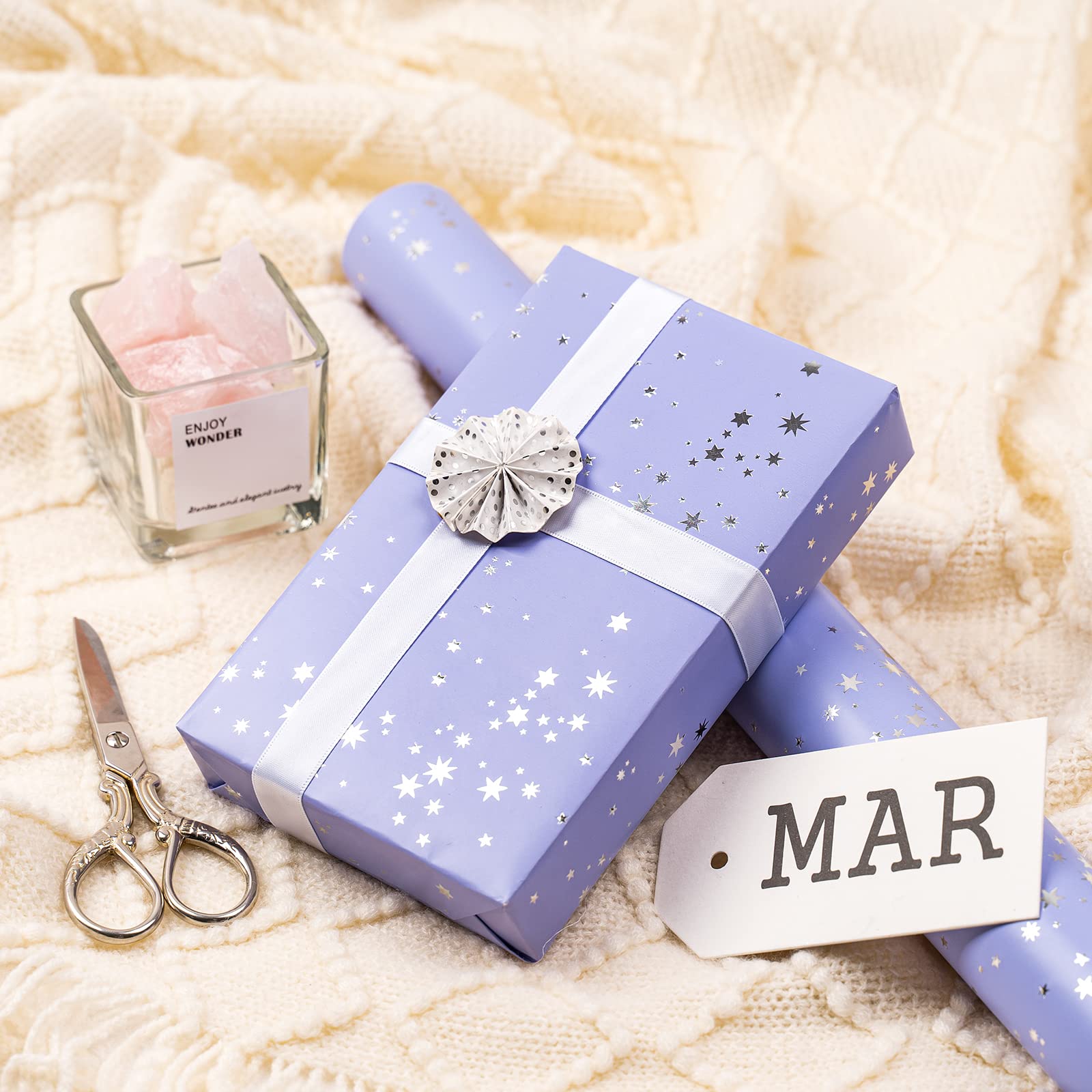 WRAPAHOLIC Wrapping Paper Roll - Mini Roll - 17 Inch X 33 Feet - Stars with Silver Foil Design, Perfect for Wedding, Birthday, Holiday, Baby Shower