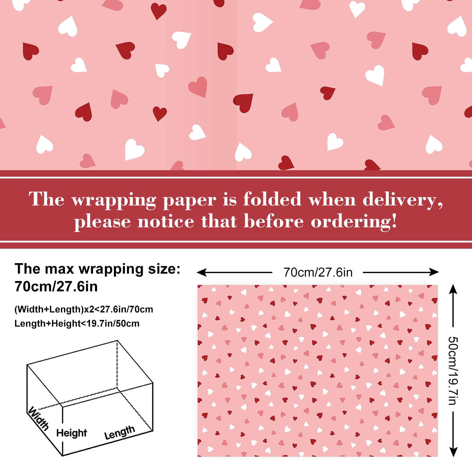 Whaline 12 Sheet Valentine's Day Wrapping Paper Heart Stripe Gift Wrap Paper Bulk Folded Flat Pink Red Craft Paper for DIY Crafts Wedding Anniversary Party Gift Packing Supplies, 19.7 x 27.6 Inch
