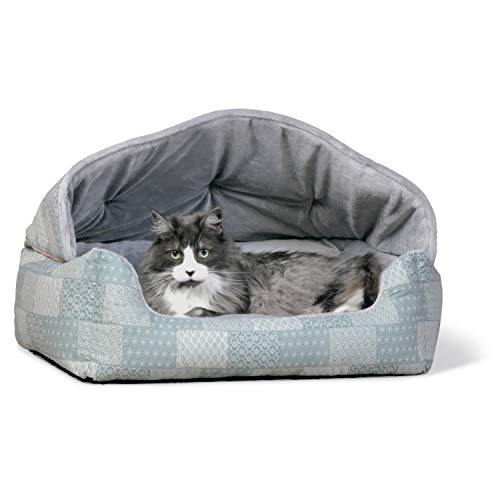 K&H Pet Products Hooded Lounge Sleeper Pet Bed Teal Patchwork Print 20 X 25 Inches