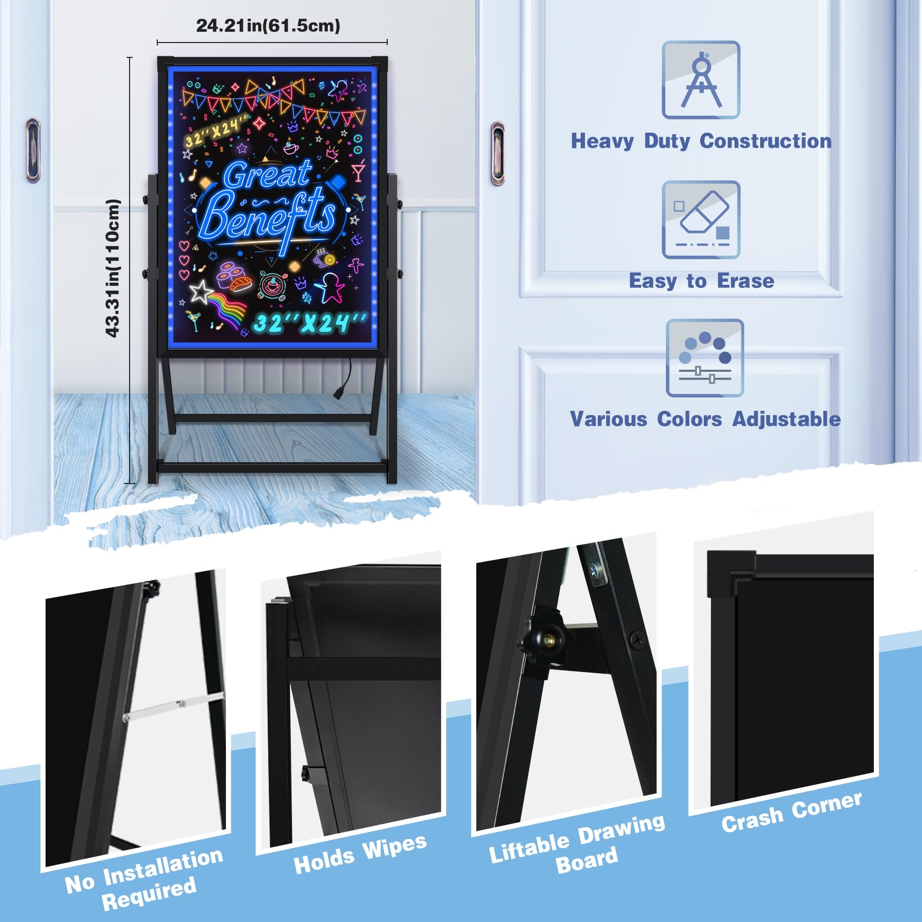 Hosim Standing A-Frame LED Message Writing Board, 24” x 16" Illuminated Erasable Neon Effect Restaurant Menu Sign, Flashing Mode DIY Message Chalkboard for Kitchen Wedding Promotions