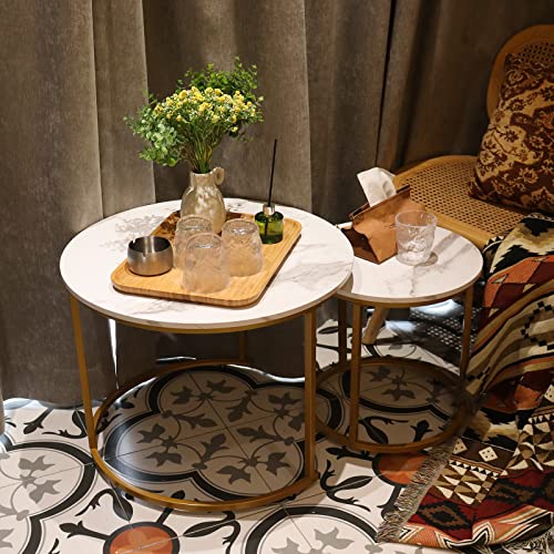 aboxoo Coffee Table Nesting White Set of 2 Side Set Golden Frame Circular and Marble Pattern Wooden Tables, Living Room Bedroom Apartment Modern Industrial Simple Nightstand
