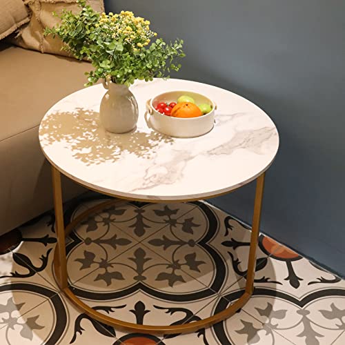 aboxoo Coffee Table Nesting White Set of 2 Side Set Golden Frame Circular and Marble Pattern Wooden Tables, Living Room Bedroom Apartment Modern Industrial Simple Nightstand