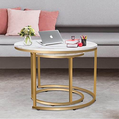 aboxoo Coffee Table Nesting White Set of 2 Side Set Golden Frame Circular and Marble Pattern Wooden Tables, Living Room Bedroom Apartment Modern Industrial Simple Nightstand