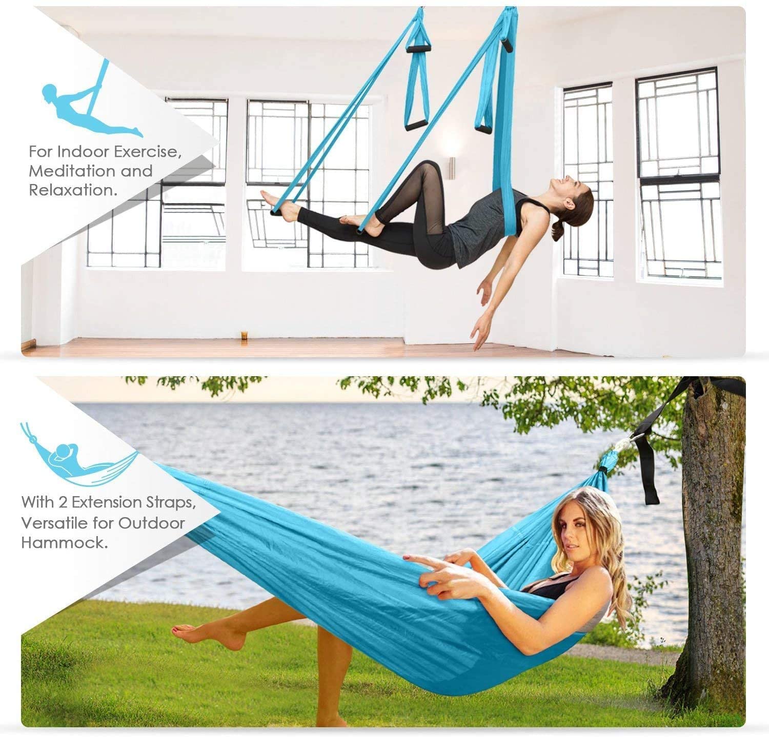 HITIK Aerial Yoga Swing Set Anti Gravity Yoga Hammock for Outdoor and Indoor Inversion Therapy Flying Sling Set (with Ceiling Mount Accessories) blue