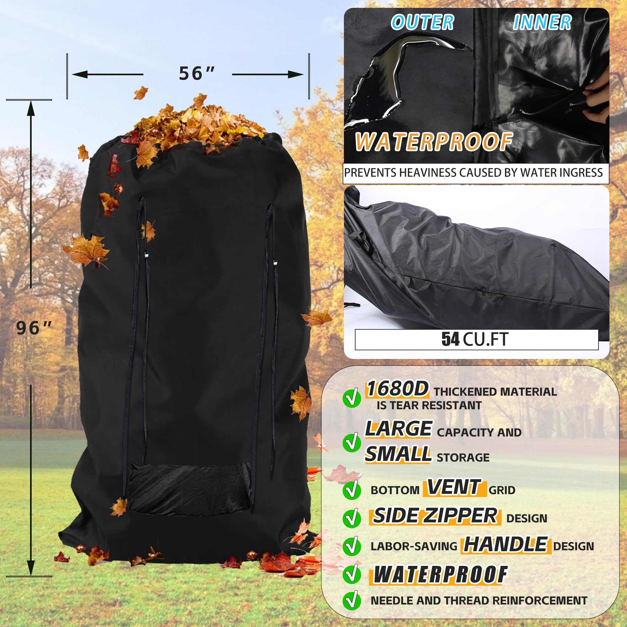 Soikier 1680D Anti-Tear Lawn Tractor Leaf Bag, Waterproof Leaf Bag for Riding Lawn Mower with Side Zipper and Mesh for No Dust Blow Back, Fast & Easy Leaf Collection (54 Cu. Ft, 96"×56")
