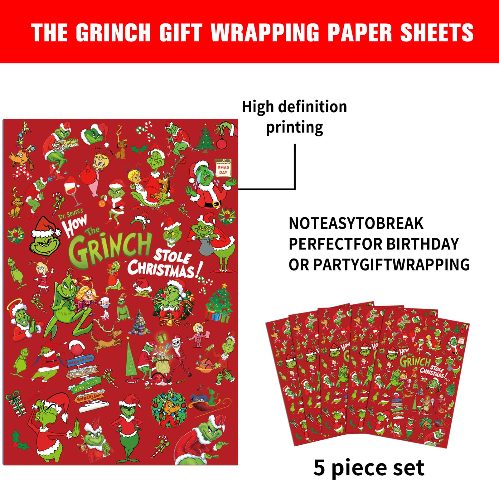 GHONXEUR 5 Pcs Christmas Wrapping Paper Gift Wrap Bulk Art Paper Folded Flat for Baby Shower Birthday Party Decorations Wedding DIY Crafts Gift Packing, 20 x 30 Inch
