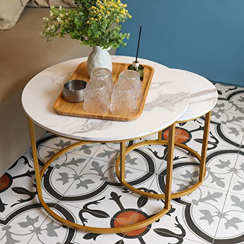 aboxoo Coffee Table Nesting White Set of 2 Side Set Golden Frame Circular and Marble Pattern Wooden Tables, Living Room Bedroom Apartment Modern Industrial Simple Nightstand