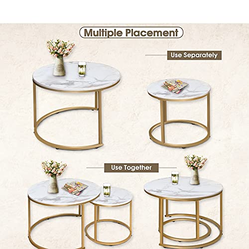 aboxoo Coffee Table Nesting White Set of 2 Side Set Golden Frame Circular and Marble Pattern Wooden Tables, Living Room Bedroom Apartment Modern Industrial Simple Nightstand