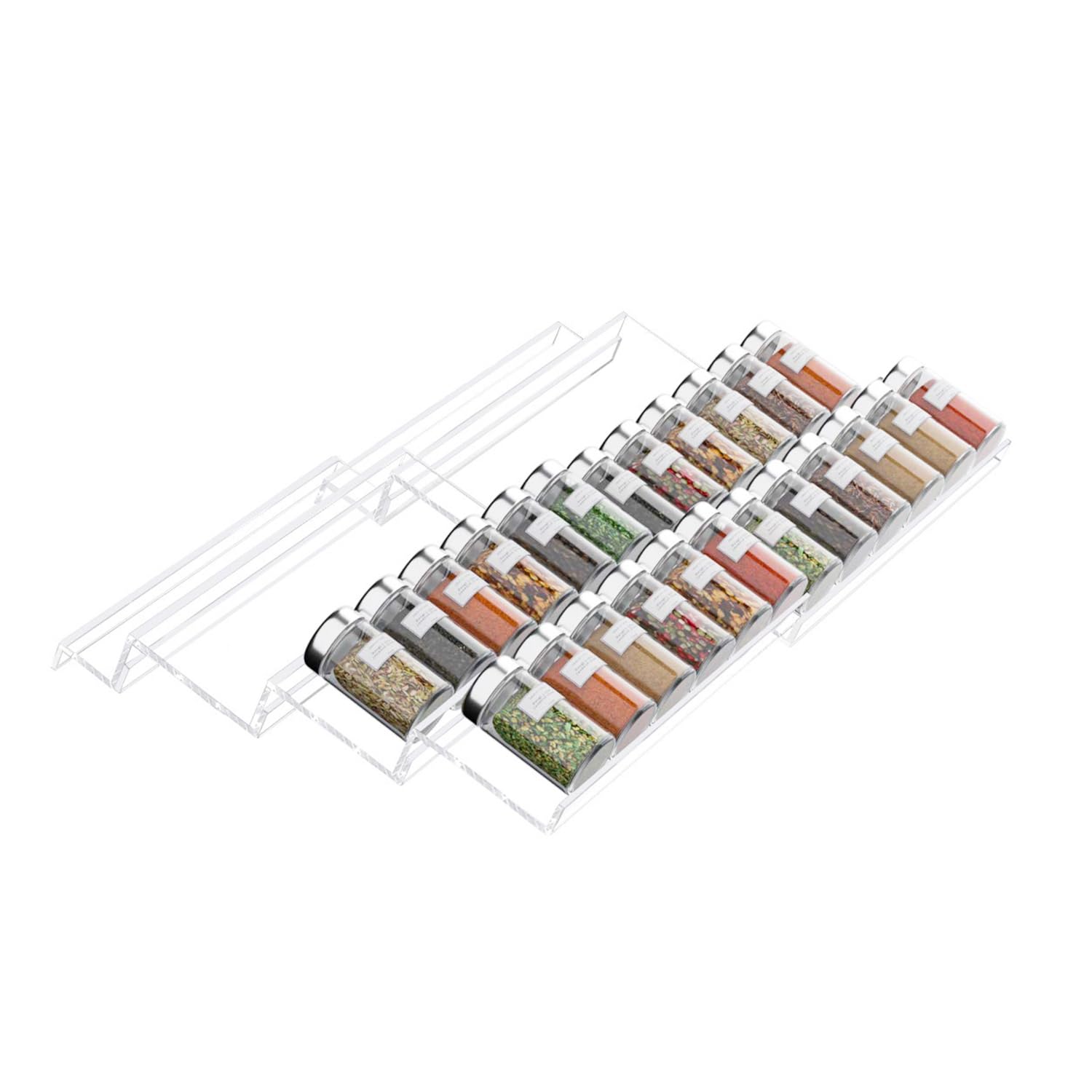 FEMELI Spice Drawer Organizer Insert for Kitchen,Adjustable Expandable Spice Rack Tray 4 Tiers for Spice Jars,Seasonings,Acrylic,Clear,2 Pack
