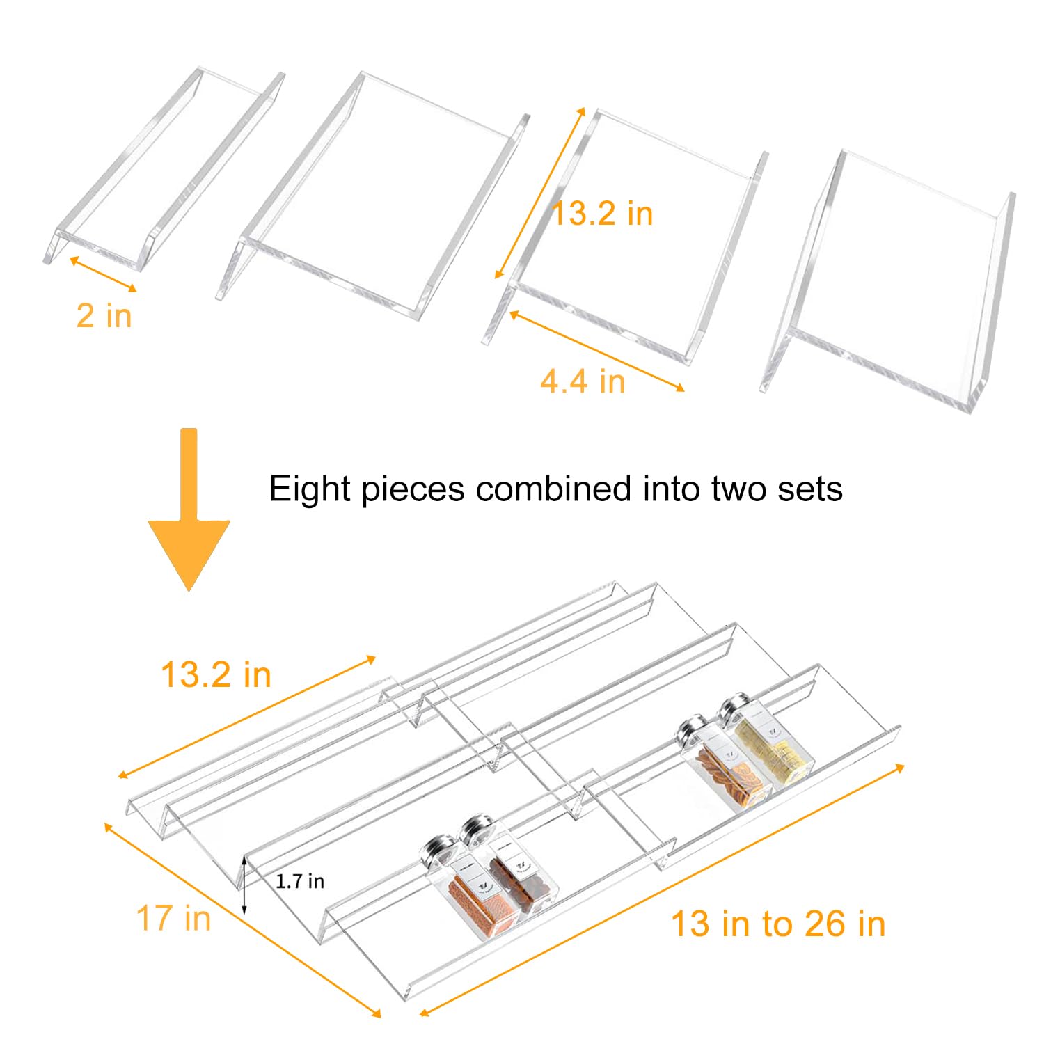 FEMELI Spice Drawer Organizer Insert for Kitchen,Adjustable Expandable Spice Rack Tray 4 Tiers for Spice Jars,Seasonings,Acrylic,Clear,2 Pack