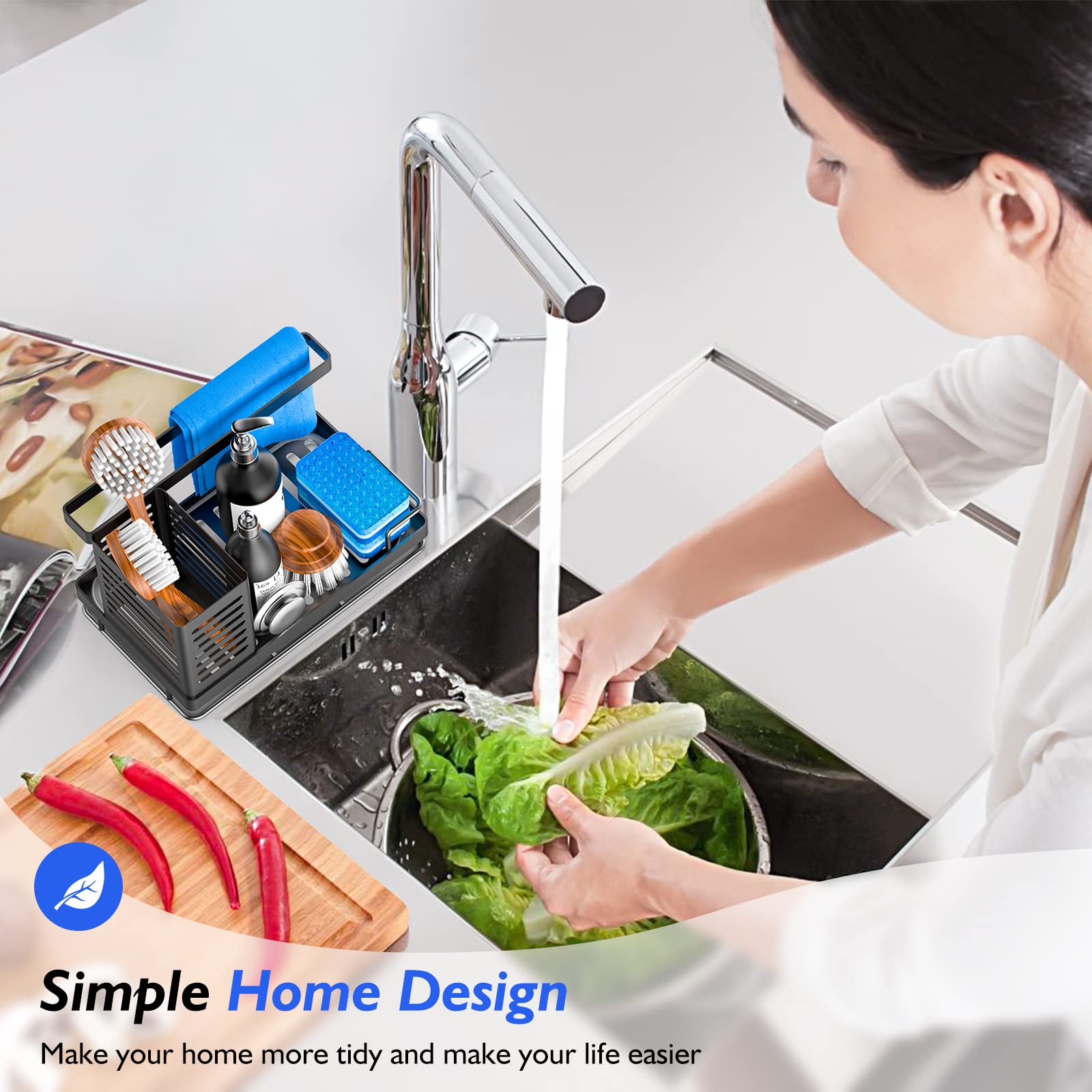 Murlong Kitchen Sink Caddy, Sink Organizer Sponge Holder, Sink Brush Holder for Kitchen Sink Stainless Steel, Dish Soap Scrubber Holder with Plastic Removable Drain Pan for Sponge, Brush Soap Scrubber
