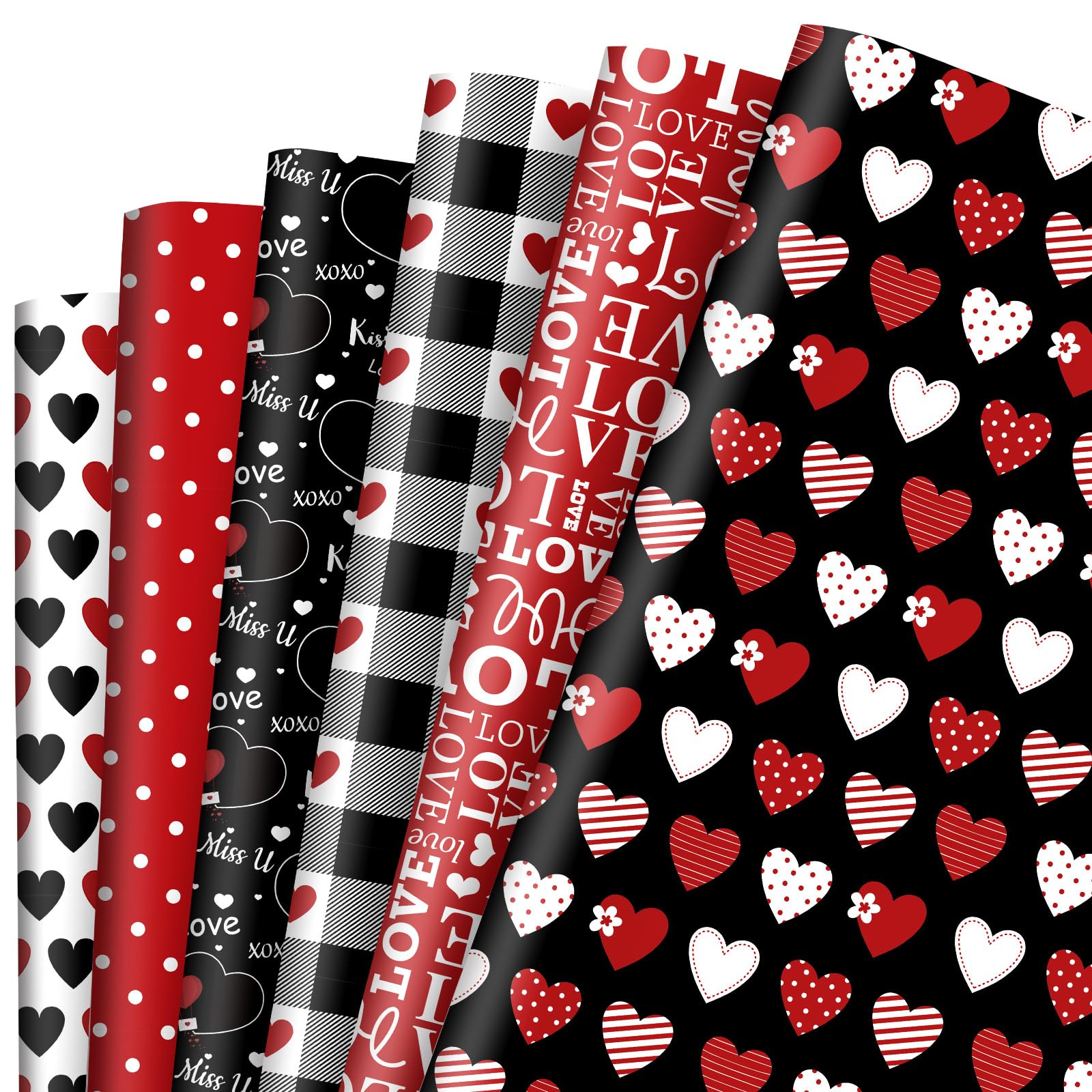 Whaline 12 Sheet Valentine's Day Wrapping Paper Heart Love Plaid Gift Wrap Paper Bulk Folded Flat Black Red Craft Paper for DIY Crafts Wedding Anniversary Party Gift Packing Supplies, 19.7 x 27.6 Inch