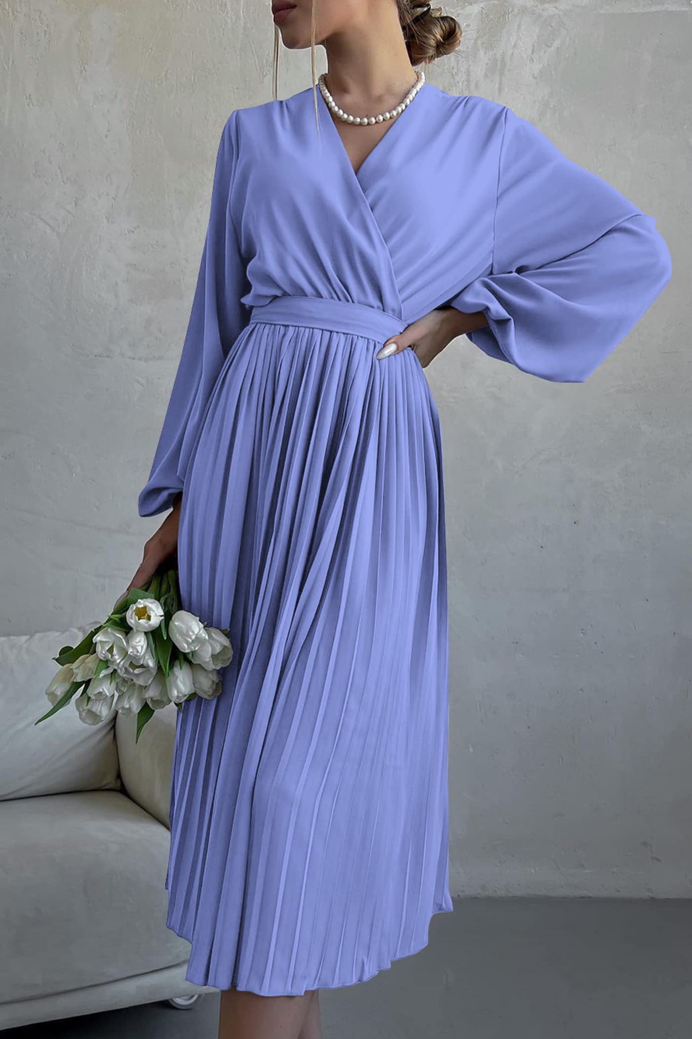 PRETTYGARDEN Women's Spring Midi Dress Long Puff Sleeve Wrap V Neck Flowy Ruffle Pleated Casual Fall Dresses (Blue,Large)
