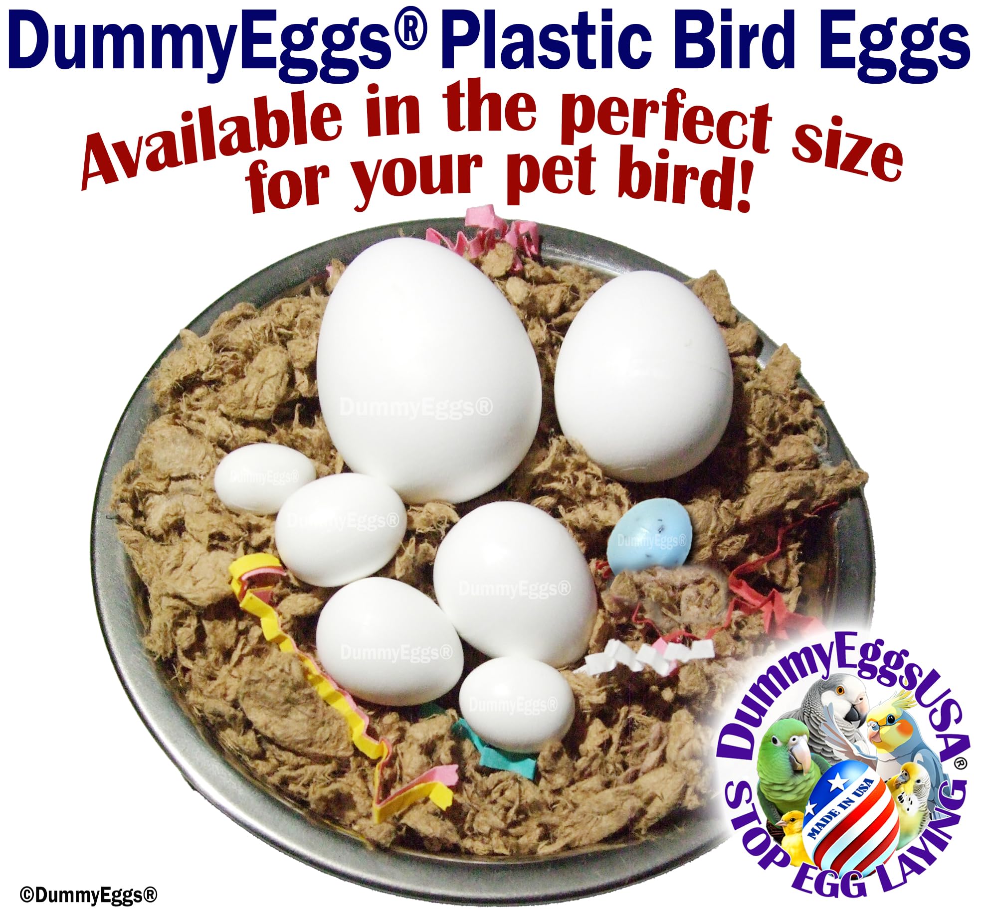 Plastic Large Parrot Eggs for Macaw & Cockatoo. 2 Dummy Solid Non-Toxic Fake Decoy Faux Mock Eggs 1-7/8" x 1-1/2" (4.8 x 3.8cm)
