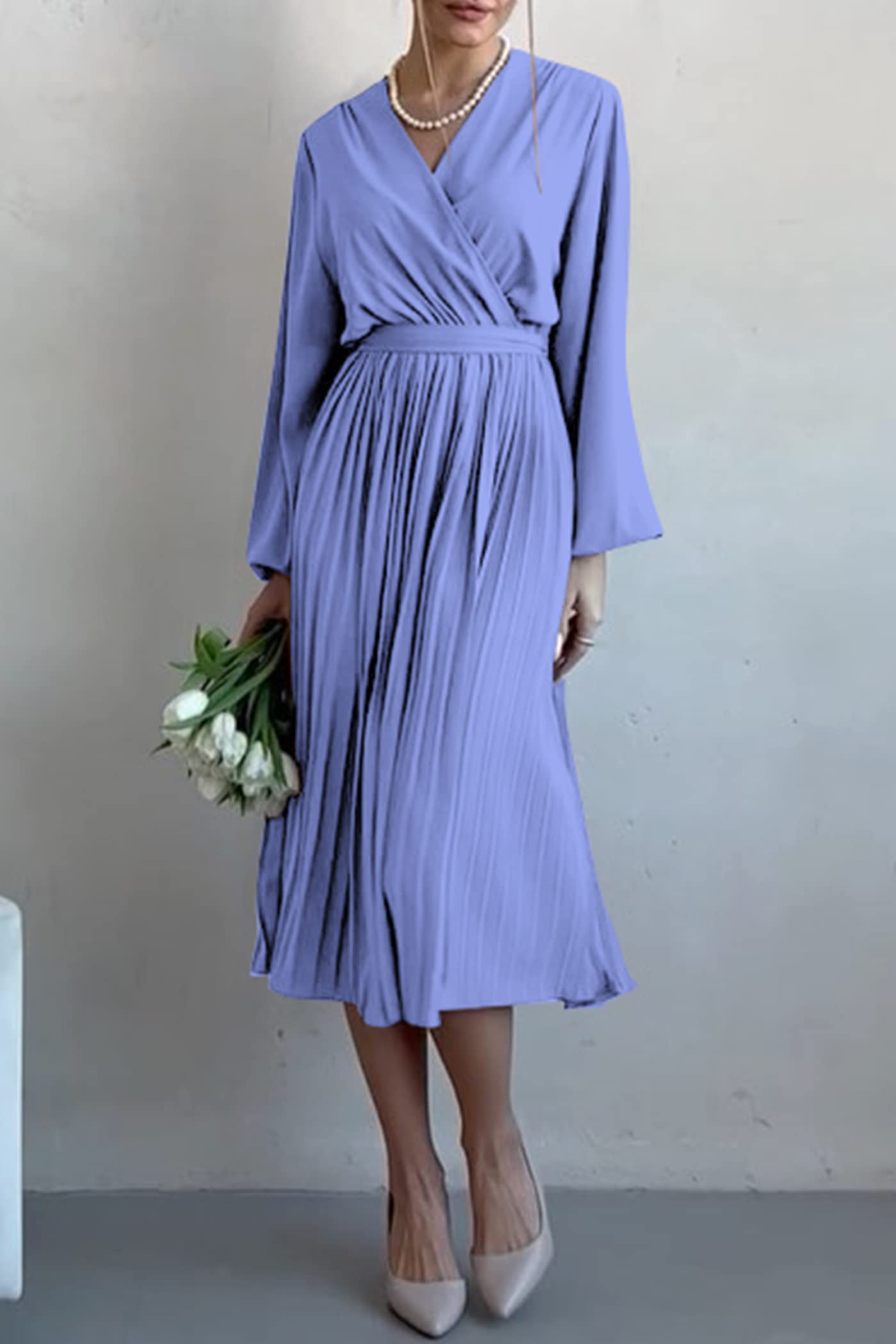 PRETTYGARDEN Women's Spring Midi Dress Long Puff Sleeve Wrap V Neck Flowy Ruffle Pleated Casual Fall Dresses (Blue,Large)