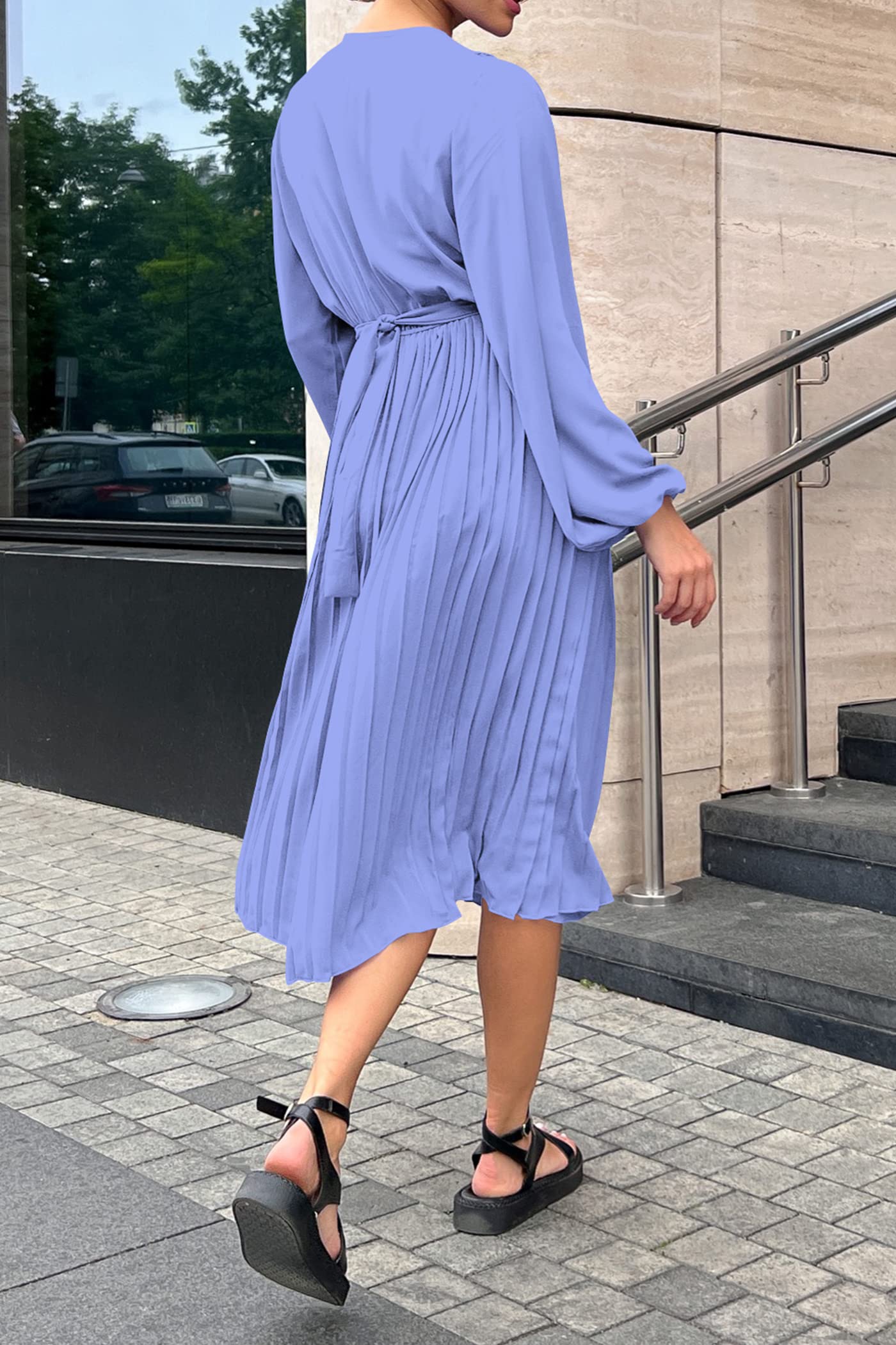PRETTYGARDEN Women's Spring Midi Dress Long Puff Sleeve Wrap V Neck Flowy Ruffle Pleated Casual Fall Dresses (Blue,Large)