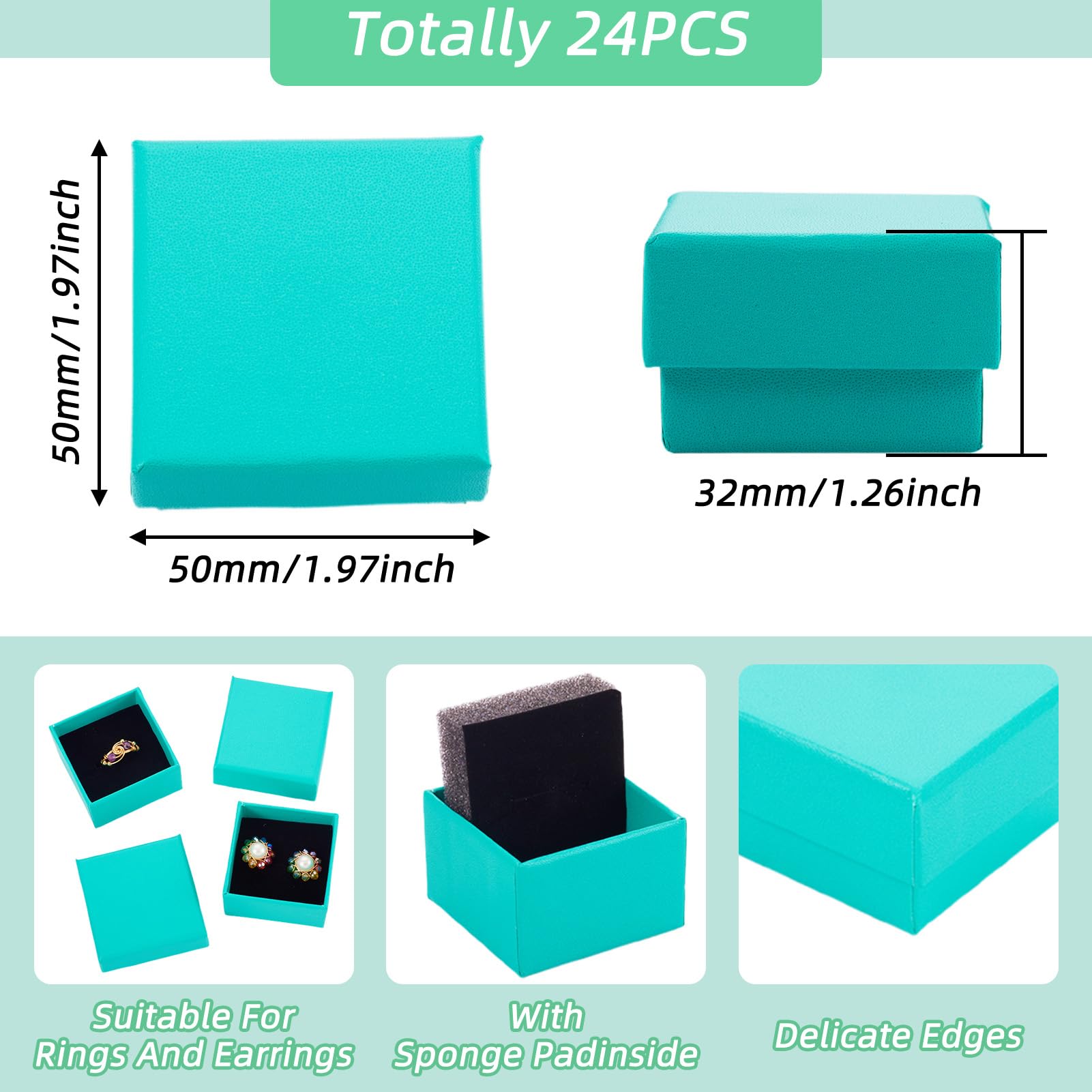 Craftdady 24pcs Jewelry Gift Boxes 5x5x3.2cm Medium Turquoise Coated Paper Jewelry Boxes Square for Christmas Valentine's Day Weddings Earrings Necklaces Bracelets