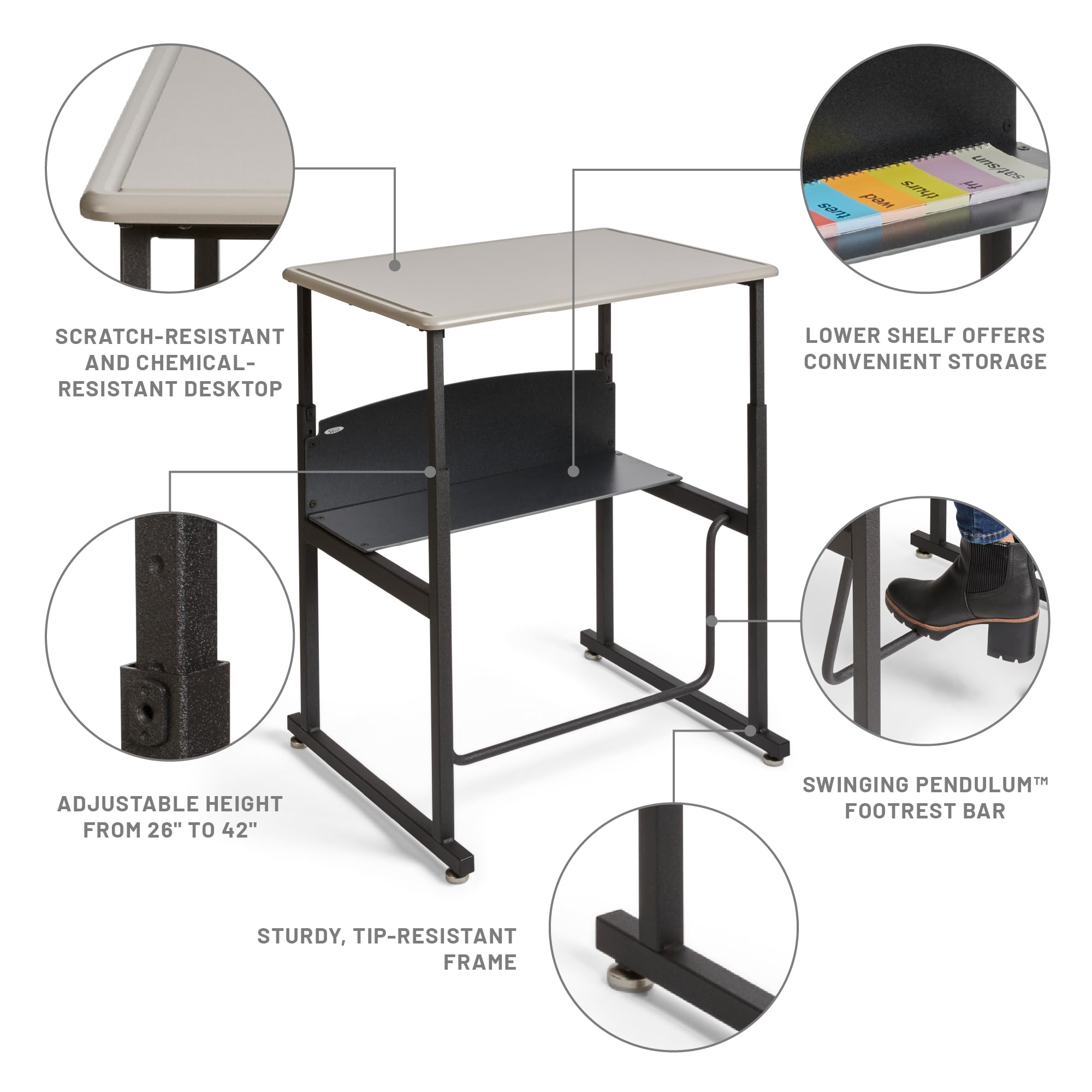 Safco Products AlphaBetter Adjustable-Height Desk, 28" x 20" Standard Desktop, Swinging Footrest Bar