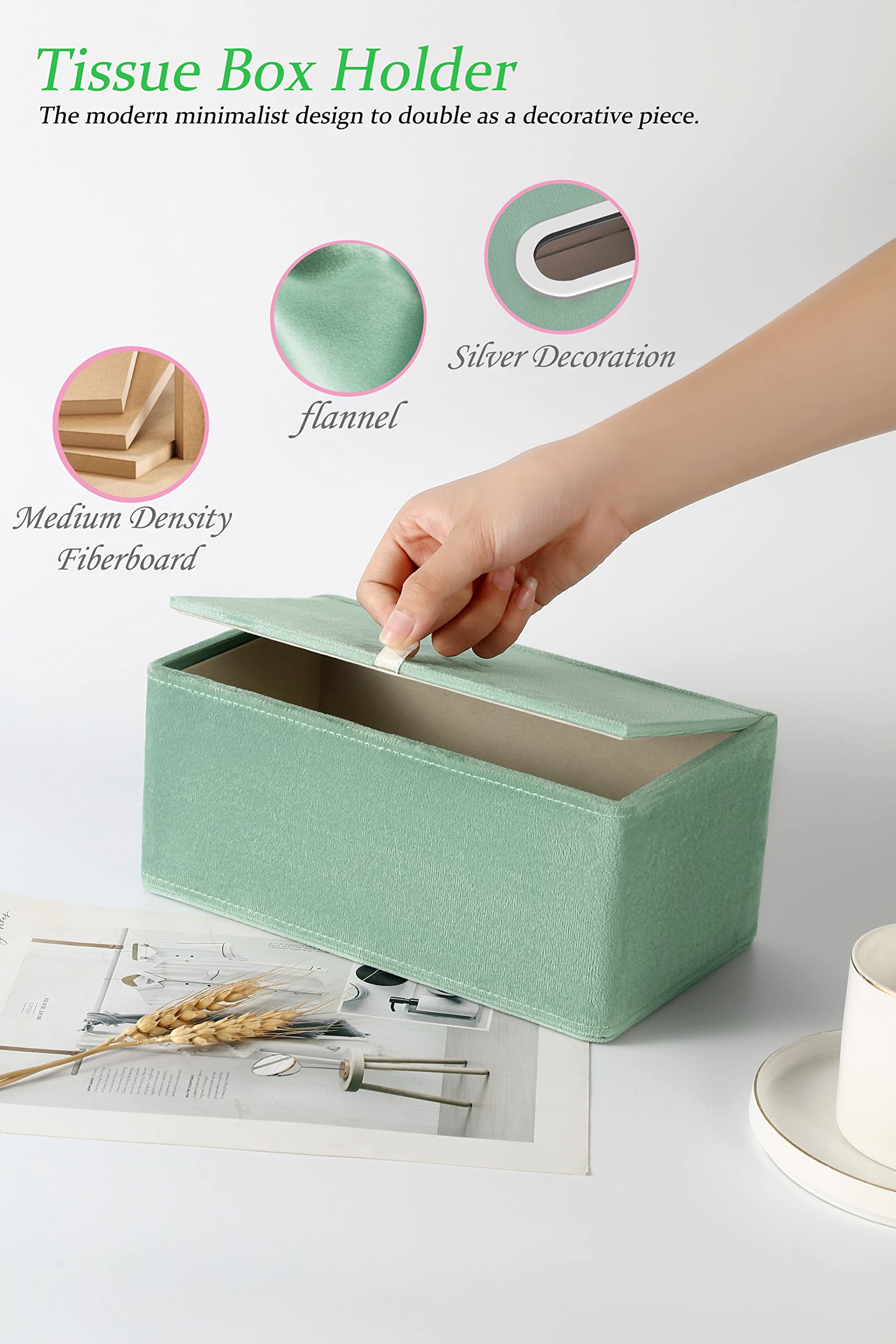 GLOBAL KA Tissue Box Cover Modern Rectangular Tissue Box Holder Decorative Paper, Facial Tissue Holder with Magnetic Bottom for Vanity Countertop Night Stands Office Car Home (Light Celery Green)
