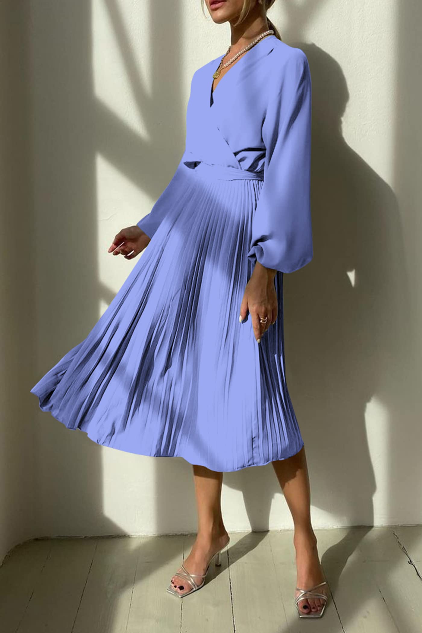 PRETTYGARDEN Women's Spring Midi Dress Long Puff Sleeve Wrap V Neck Flowy Ruffle Pleated Casual Fall Dresses (Blue,Large)