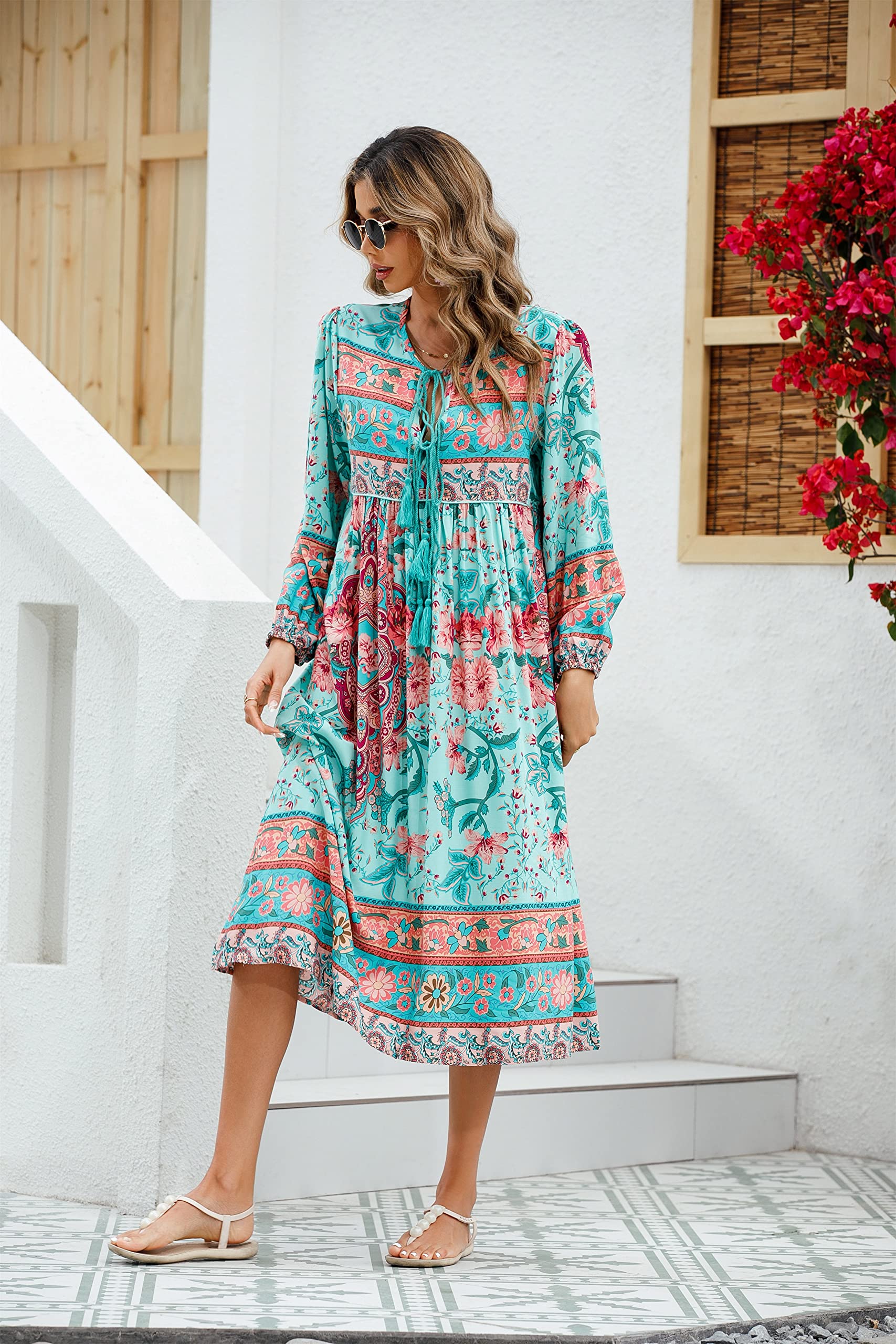 R.Vivimos Women's Long Sleeve Floral Print Retro V Neck Tassel Bohemian Midi Dresses (Large, Light Cyan)
