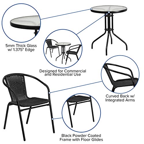 Flash Furniture 23.75'' Round Glass Metal Table with 2 Black Rattan Stack Chairs