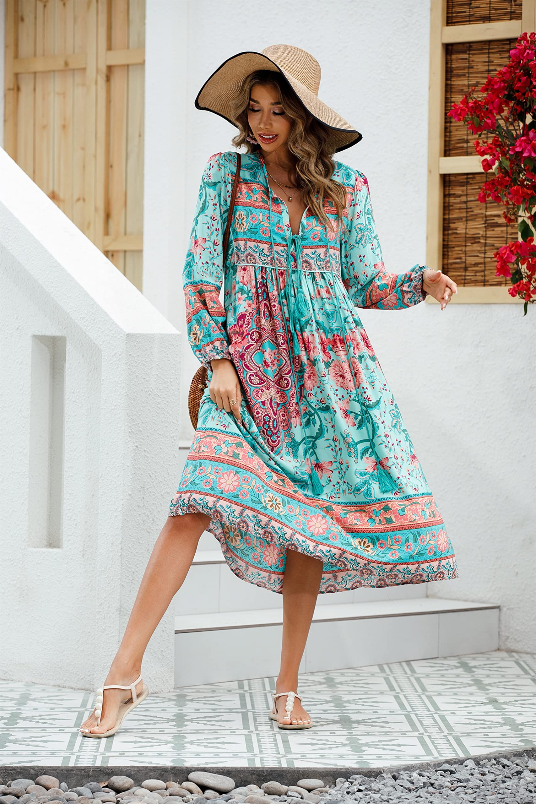 R.Vivimos Women's Long Sleeve Floral Print Retro V Neck Tassel Bohemian Midi Dresses (Large, Light Cyan)
