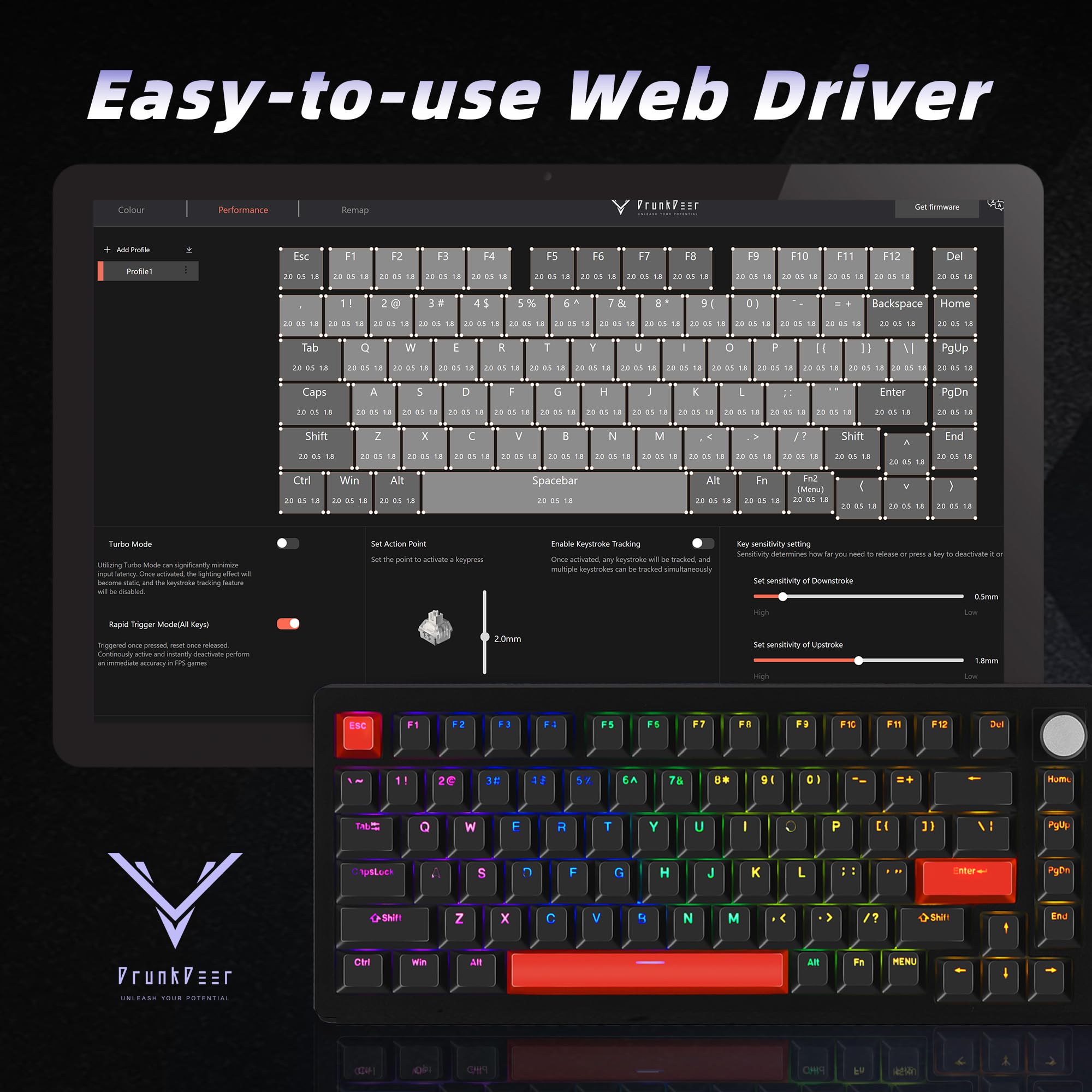 DrunkDeer A75 Mechanical Keyboard Magnetic Switches TKL Gaming Keyboard 82Keys PBT Keycap USE Wired OEM Profile RGB 82 Keys with Knob