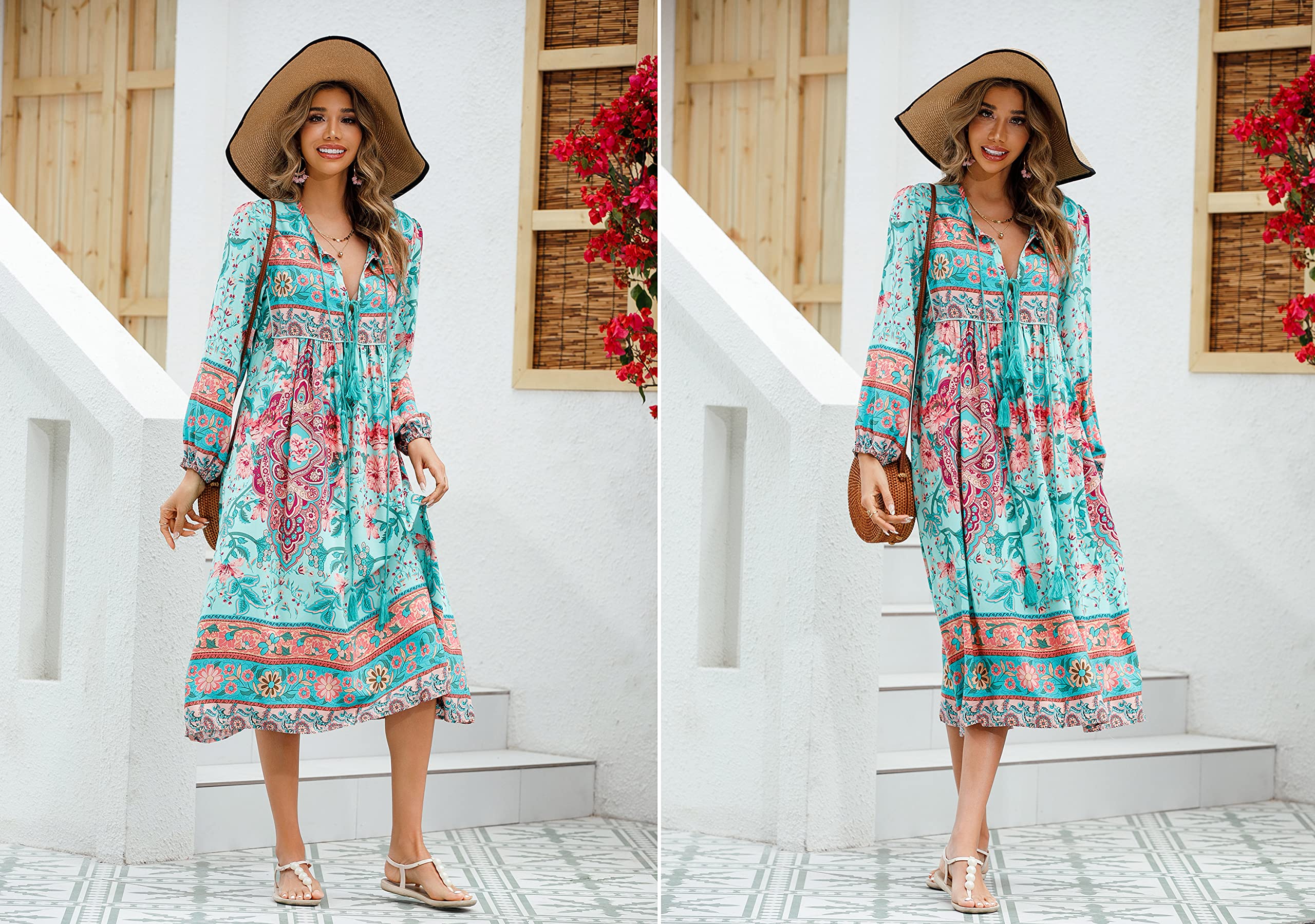 R.Vivimos Women's Long Sleeve Floral Print Retro V Neck Tassel Bohemian Midi Dresses (Large, Light Cyan)