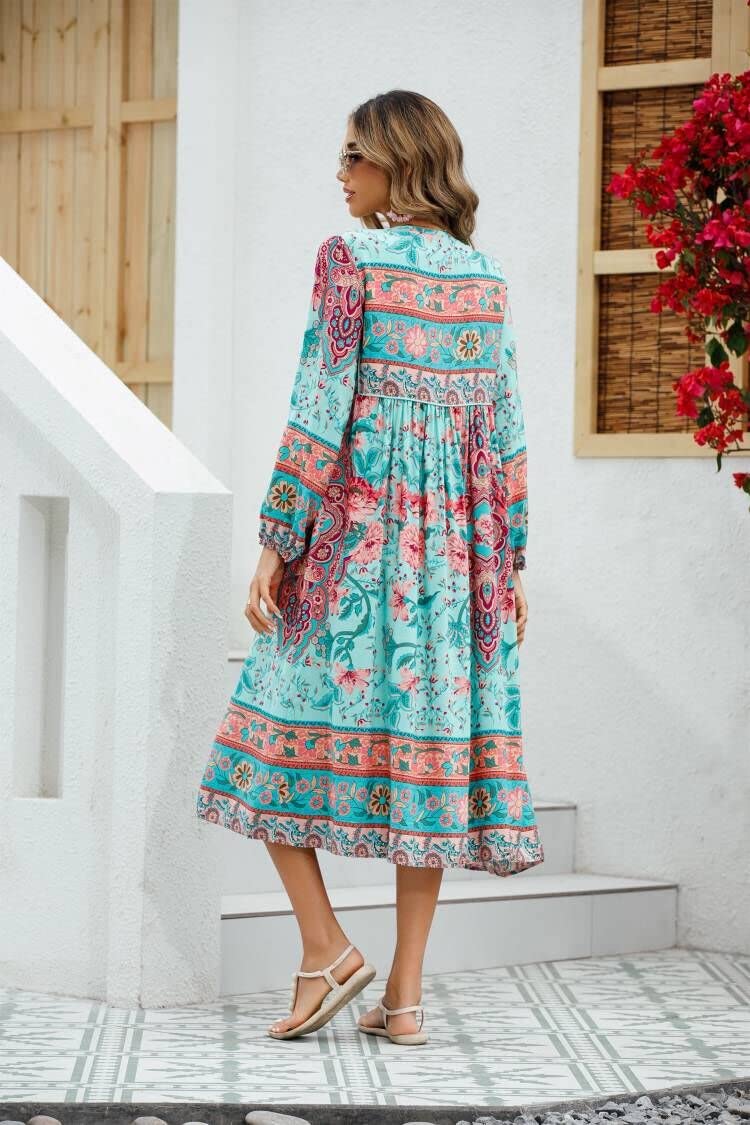 R.Vivimos Women's Long Sleeve Floral Print Retro V Neck Tassel Bohemian Midi Dresses (Large, Light Cyan)