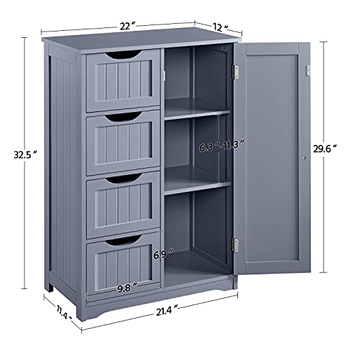 Yaheetech Bathroom Floor Cabinet, Freestanding Storage Oragnizer Unit Kitchen Cupboard W/ 4 Drawers & Adjustable Shelves, Using for Living Room/Kitchen/Bathroom, Gray
