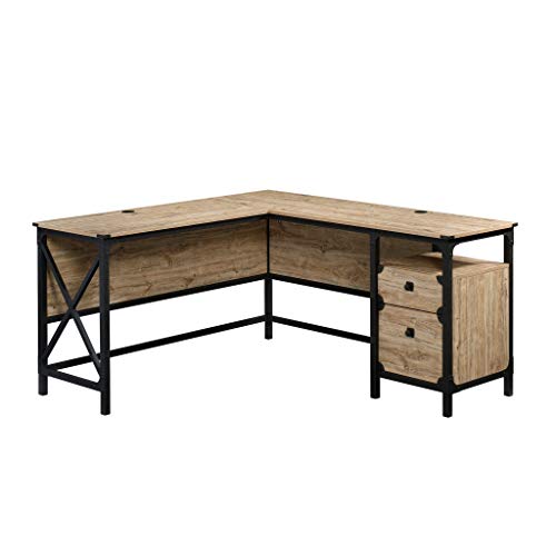 Sauder Steel River L-Shaped Desk, L: 59.84" x W: 57.32" x H: 29.53", Milled Mesquite Finish