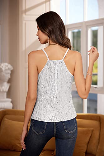 GRACE KARIN Sequin Top Sleeveless Party Camisole Tank Vest V Neck Ruched Tie Waist Silver White Dressy Tops L