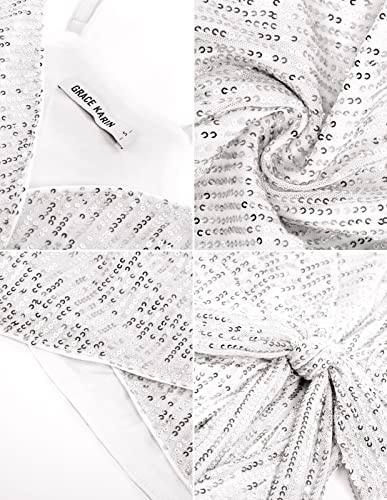 GRACE KARIN Sequin Top Sleeveless Party Camisole Tank Vest V Neck Ruched Tie Waist Silver White Dressy Tops L