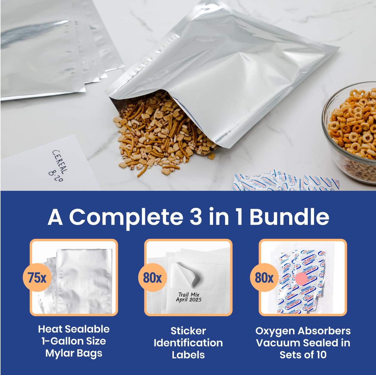 75x Wallaby 1-Gallon Mylar Bag Bundle - (5 Mil - 10" x 14") Mylar Bags, 80x 400cc Oxygen Absorbers, 80x Labels - Heat Sealable, Food Safe, & Reliable Long Term-Food Storage Solutions - Silver