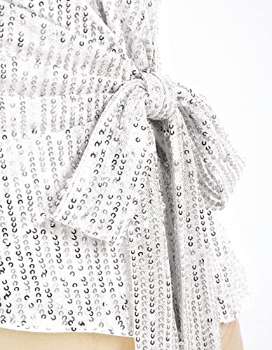 GRACE KARIN Sequin Top Sleeveless Party Camisole Tank Vest V Neck Ruched Tie Waist Silver White Dressy Tops L