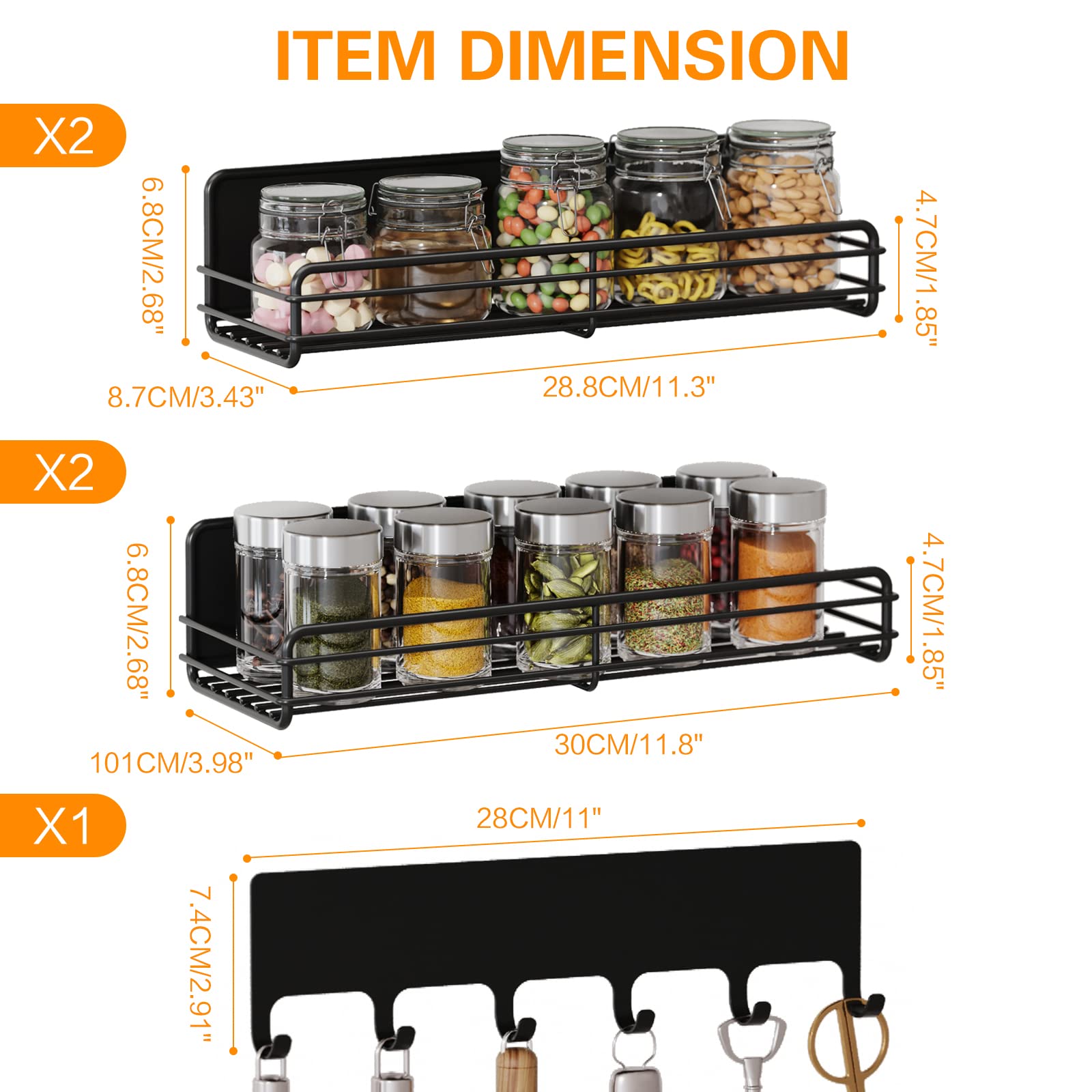 LIVOD 5 Pack Magnetic Spice Rack Organizer, Magnetic Spice Rack for Refrigerator with Metal Hooks, Magnetic Refrigerator Shelf Space Saver for Spice Jars and Seasoning Bottles