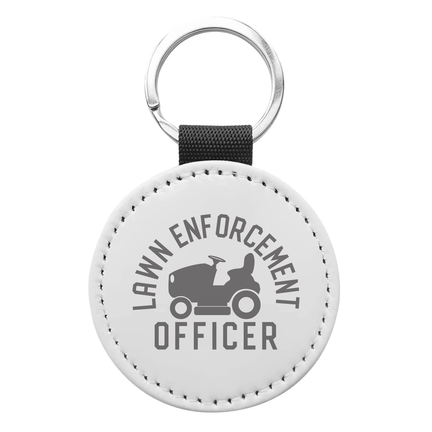 DistinctInk Vegan Leather Keychain Key Tag Key Ring - 2 inch circle - Black Glitter Back - Lawn Enforcement Officer, Lawnmower