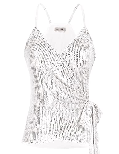 GRACE KARIN Sequin Top Sleeveless Party Camisole Tank Vest V Neck Ruched Tie Waist Silver White Dressy Tops L