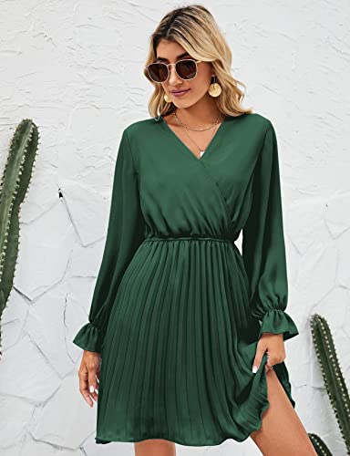 Ondogdog Women's Wrap V-Neck Dress Wedding Guest Casual Pleated Long Sleeve Mini Dress Green