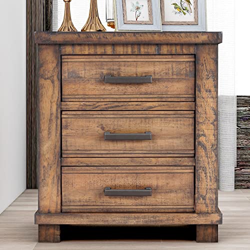 Knocbel Rustic Nightstand with 3 Drawers, Reclaimed Solid Pine Wood Farmhouse Night Stands Sofa End Table with Removable Hardware, 24" L x 17" W x 25.6" H, Natural Color Nightstand