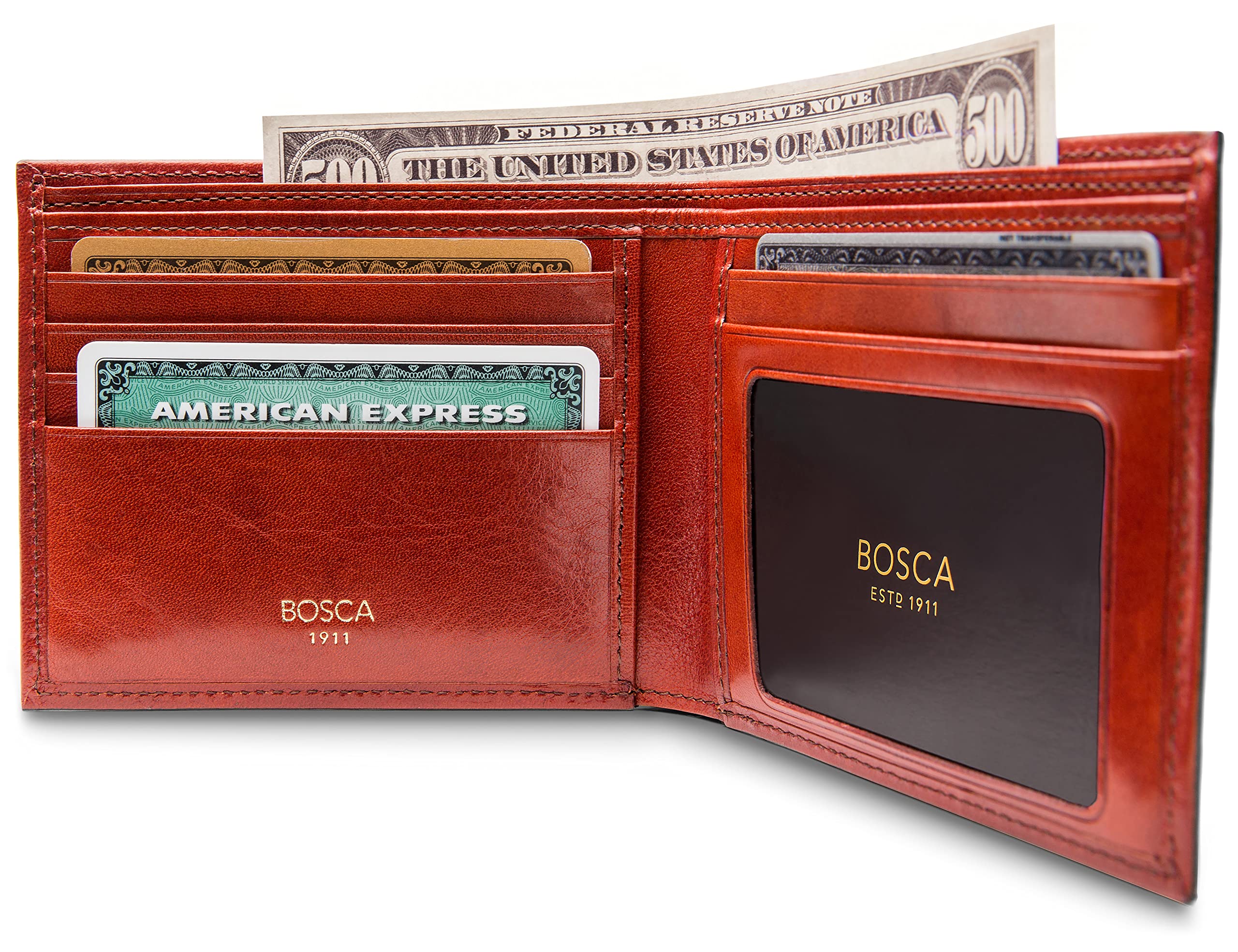 Bosca Men's Leather Wallet RFID Blocking - Bifold Executive Men's Wallet with 5 Card Slots, ID Window & Divided Currency Well - Genuine Old Leather, Ideal Gift Wallet for Men, Cognac Brown