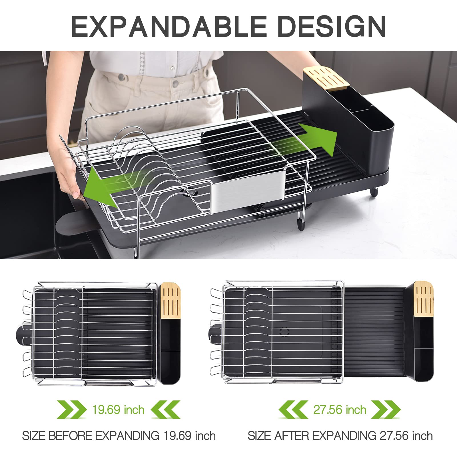 TOOLF Dish Drying Rack, Expandable Stainless Steel Dish Rack with Drainboard Set Kitchen Sink Organizer for Counter, Large Capacity Kitchen Accessories with 360° Swivel Spout