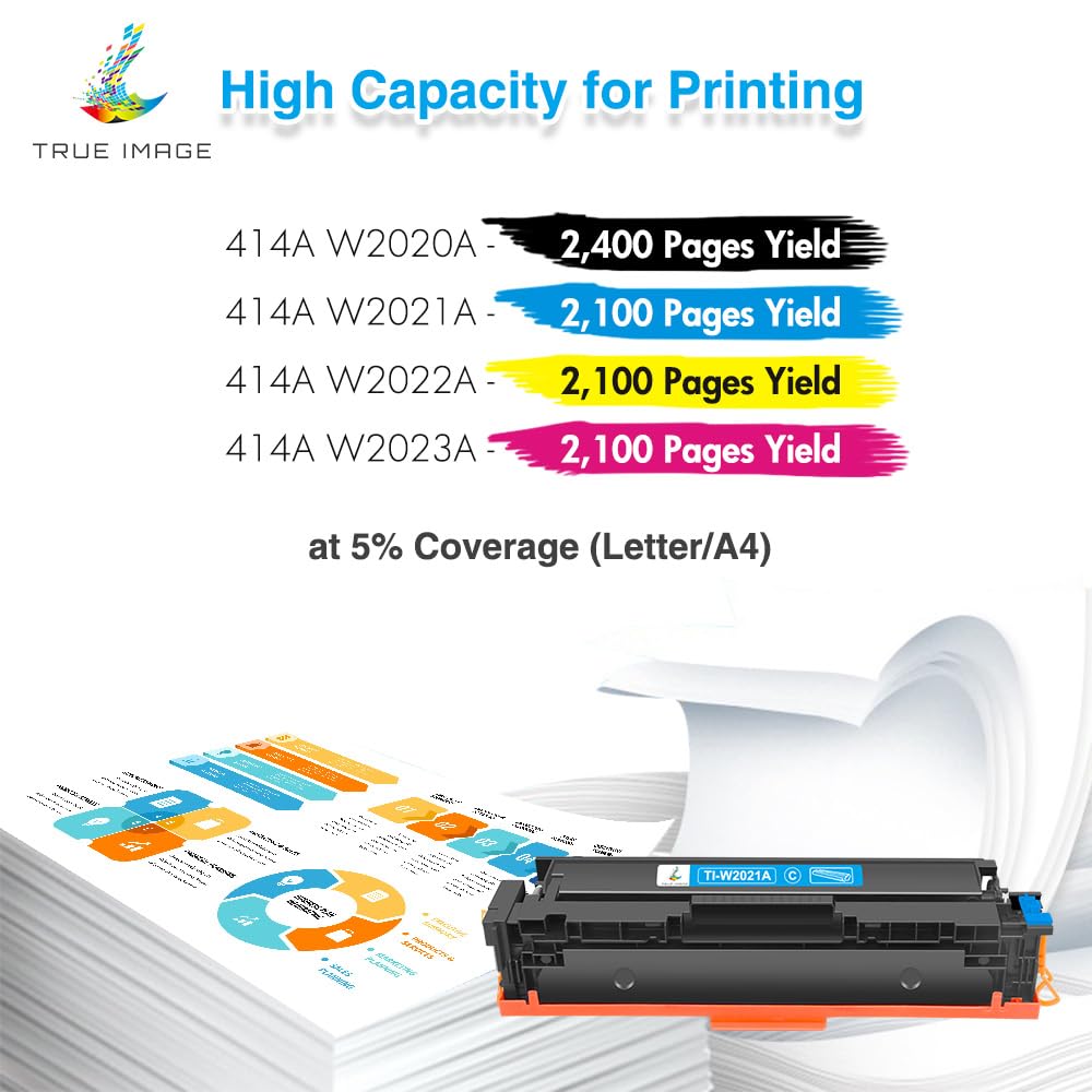 TRUE IMAGE Compatible Toner Cartridge Replacement for HP 414A W2020A 414X HP Color Pro MFP M479fdw M479fdn M454dw M454dn M454 M479 Printer Toner (Black Cyan Yellow Magenta,4-Pack)