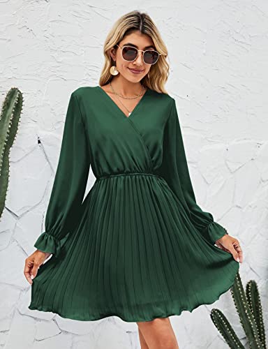 Ondogdog Women's Wrap V-Neck Dress Wedding Guest Casual Pleated Long Sleeve Mini Dress Green
