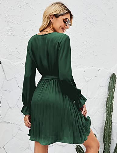 Ondogdog Women's Wrap V-Neck Dress Wedding Guest Casual Pleated Long Sleeve Mini Dress Green
