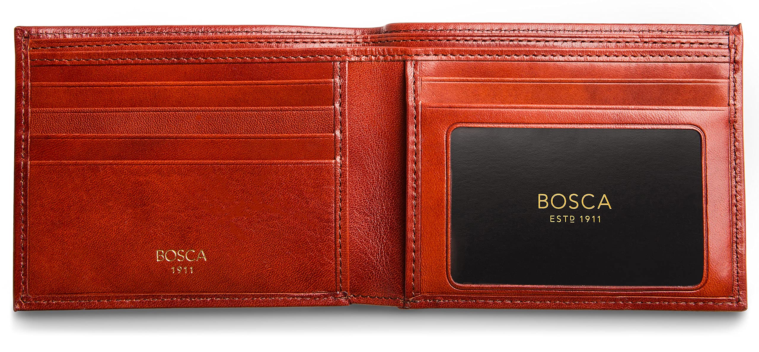 Bosca Men's Leather Wallet RFID Blocking - Bifold Executive Men's Wallet with 5 Card Slots, ID Window & Divided Currency Well - Genuine Old Leather, Ideal Gift Wallet for Men, Cognac Brown