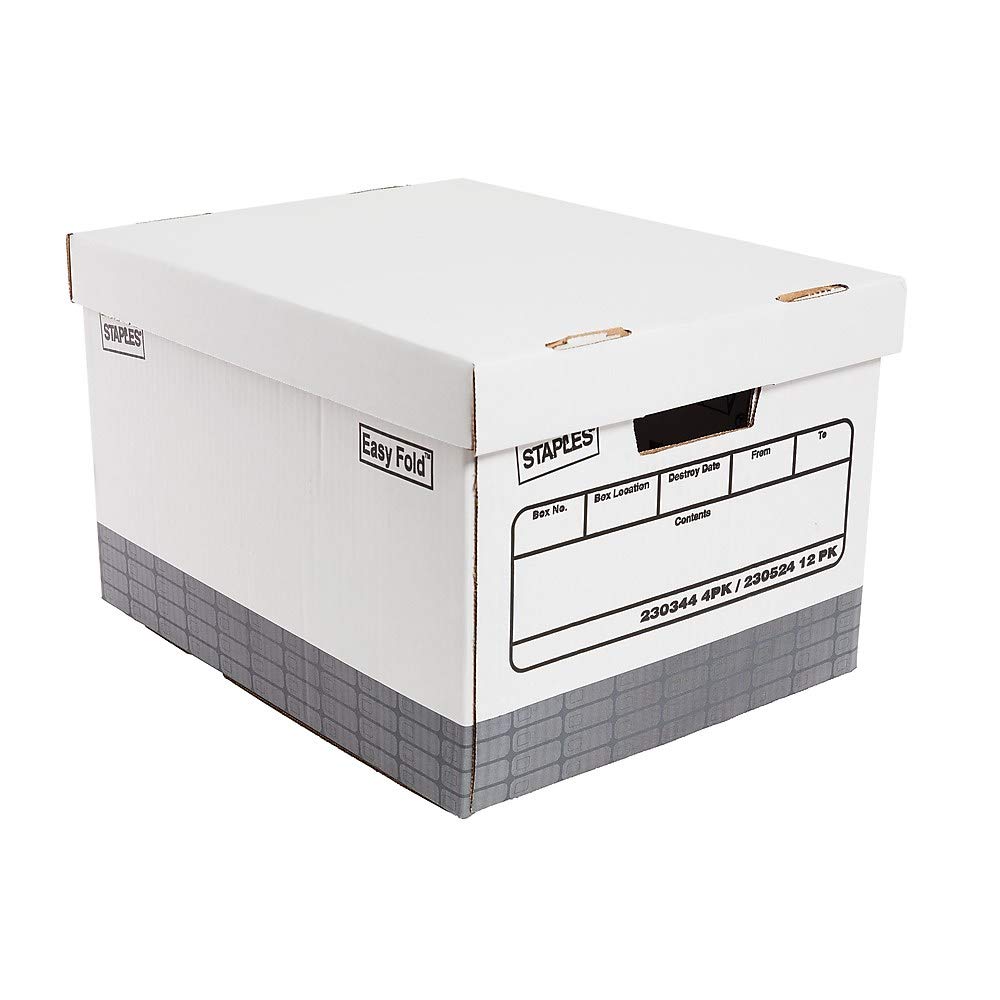 Staples Heavy-Duty Storage Boxes, Top Tab, Stacking Strength 850 lb, White/Gray, 9 3/4"H x 12"W x 15"D, 4/Ct