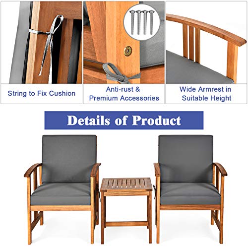 Tangkula 3 Pieces Patio Furniture Set, Includes Set of 2 Outdoor Acacia Wood Cushioned Chairs and Coffee Table, for Garden, Backyard, Poolside, Bistro and Deck, Patio Conversation Chat Set (Gray)